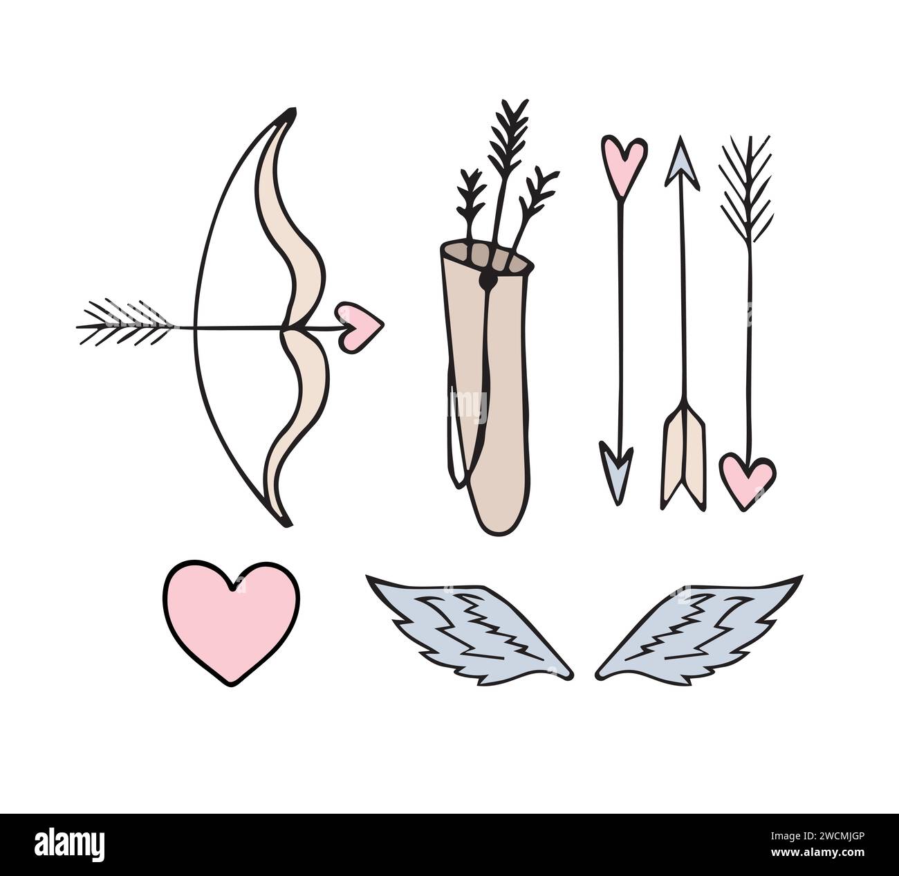 Vector set of hand drawn colored cupid Valentine doodles isolated on ...