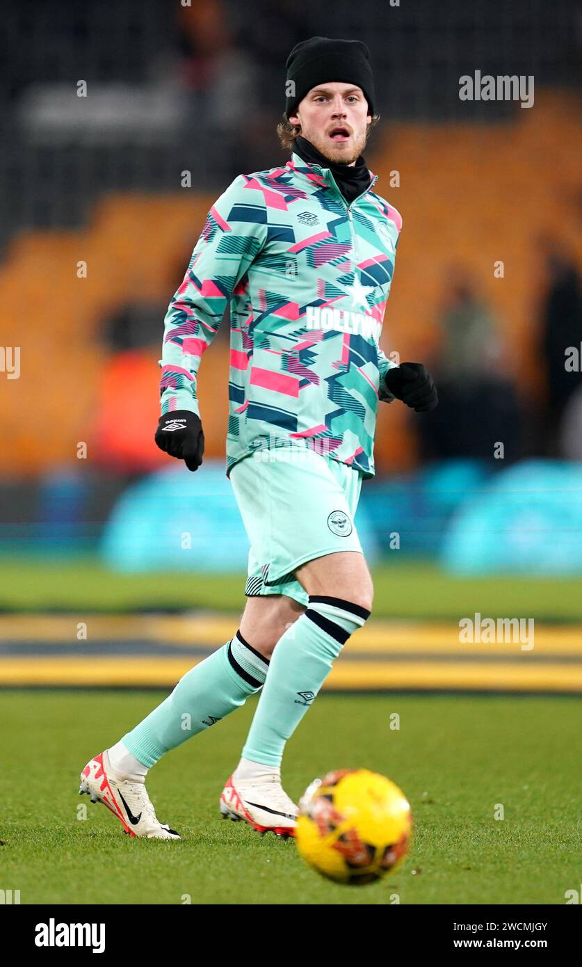 Brentford's Mathias Jensen warming up prior to kick-off before the ...