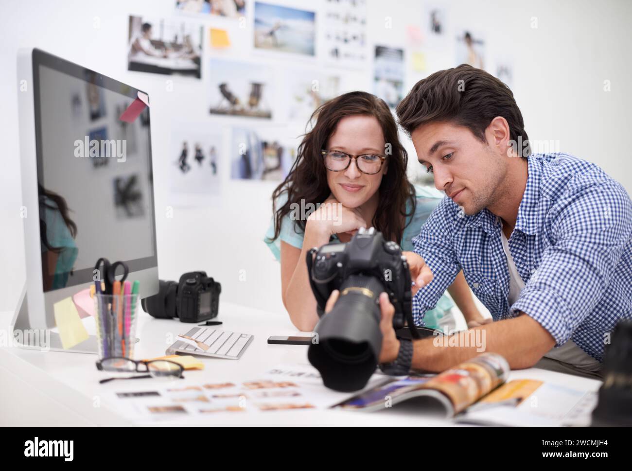 Man, woman or camera for workshop photography with teamwork, lens and ...