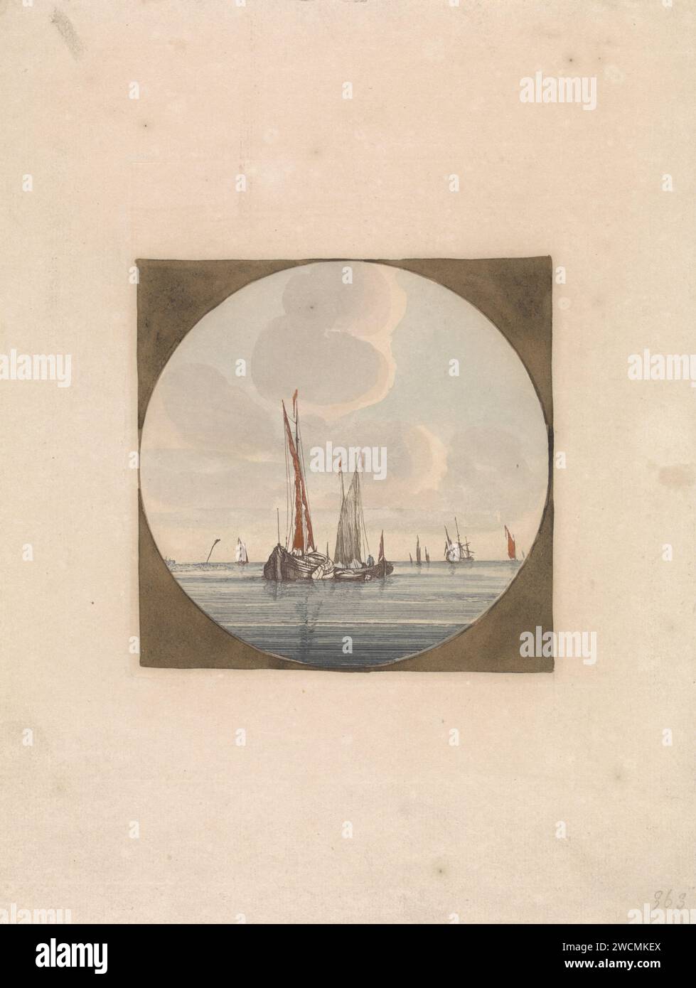 Sailing ships on the smooth sea, anonymous, 1688 - 1750 print Two ...