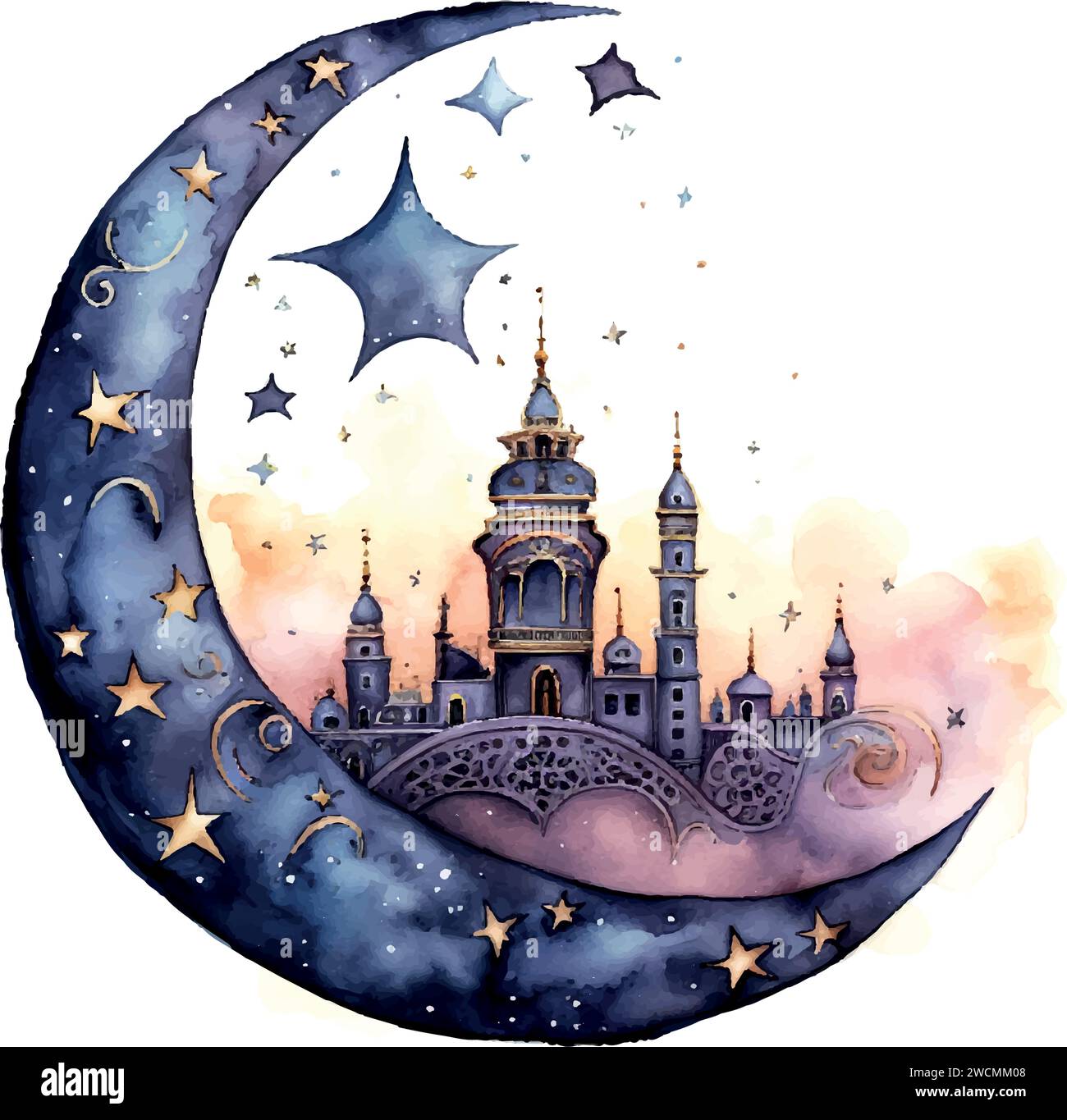 Ramadan crescent moon watercolor illustration on white Stock Vector ...