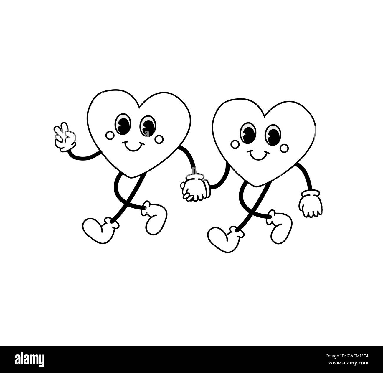 Vector groovy retro cartoon outline couple of hearts isolated on white ...