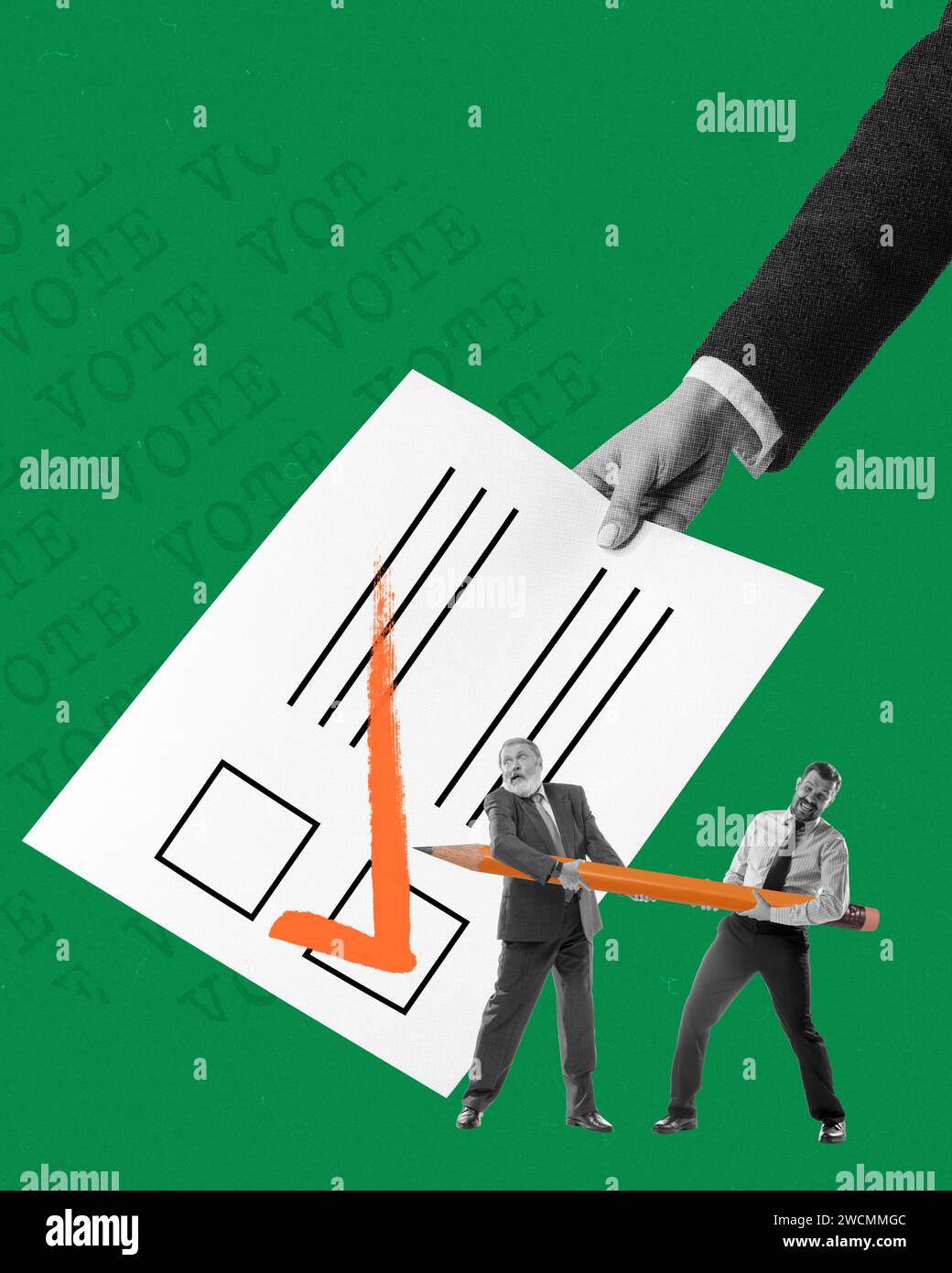 Competition. Man with pencil fighting near ballot paper with checkmark ...