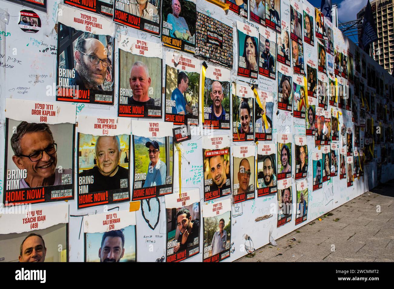 Tel Aviv, Israel - January 16, 2024 Posters of the face of the hostages ...