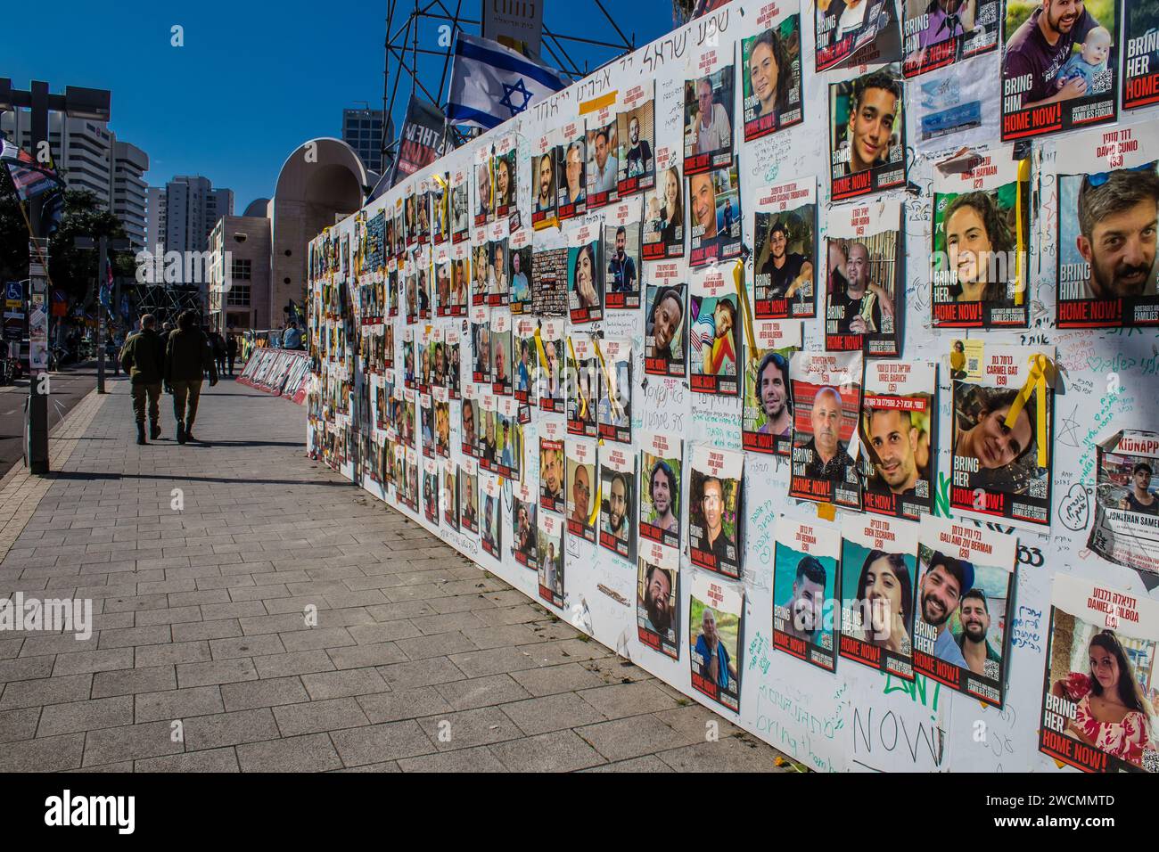 Tel Aviv, Israel - January 16, 2024 Posters of the face of the hostages ...