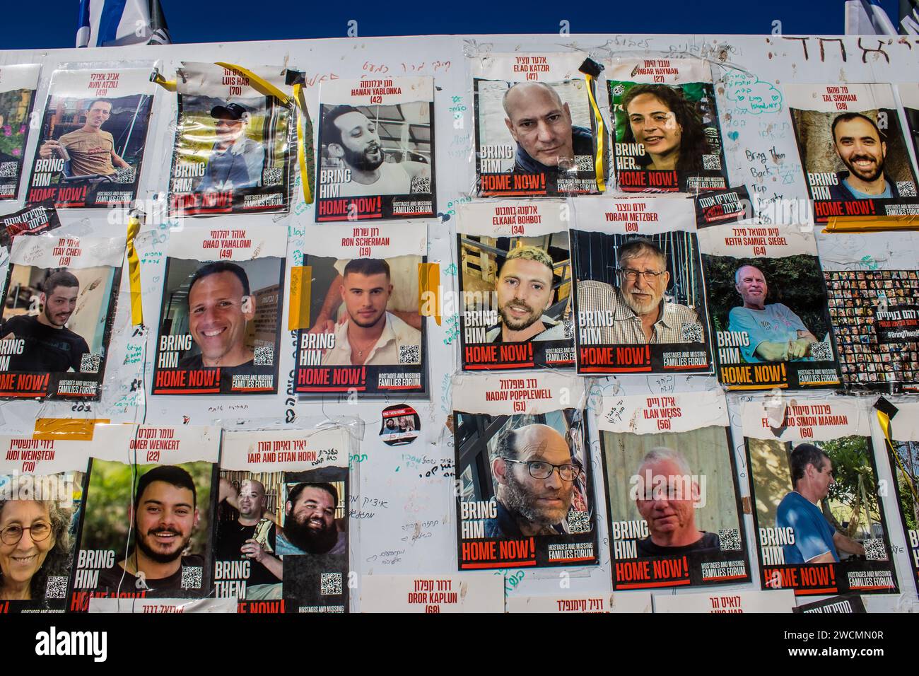 Tel Aviv, Israel - January 16, 2024 Posters of the face of the hostages ...