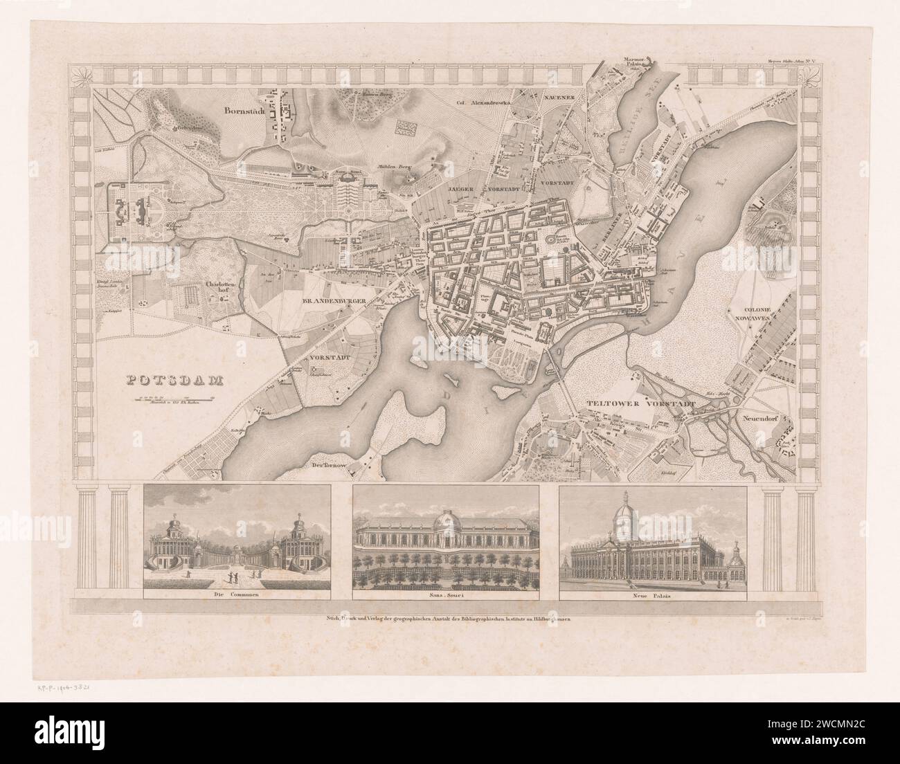 Map of Potsdam with three details of buildings, J. Zipter, 1828 - 1874 ...