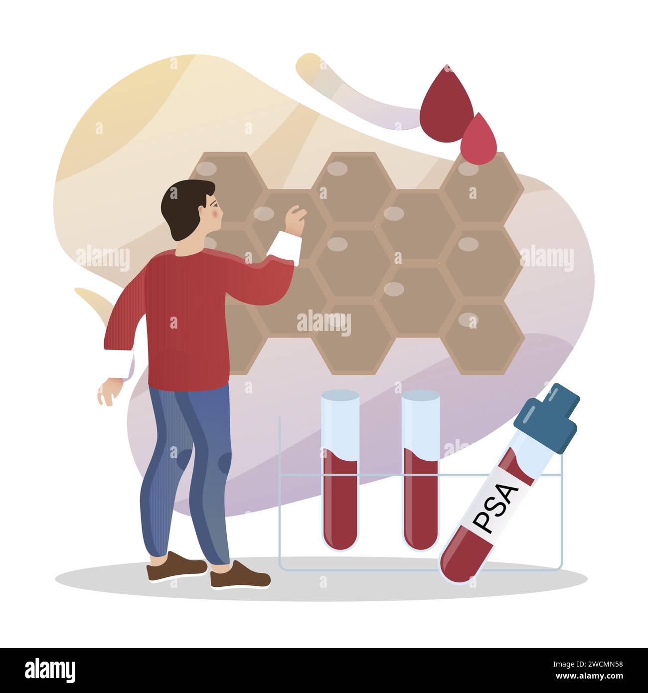 Tumor marker test illustration. Man, cells, blood, test-tube. Editable ...