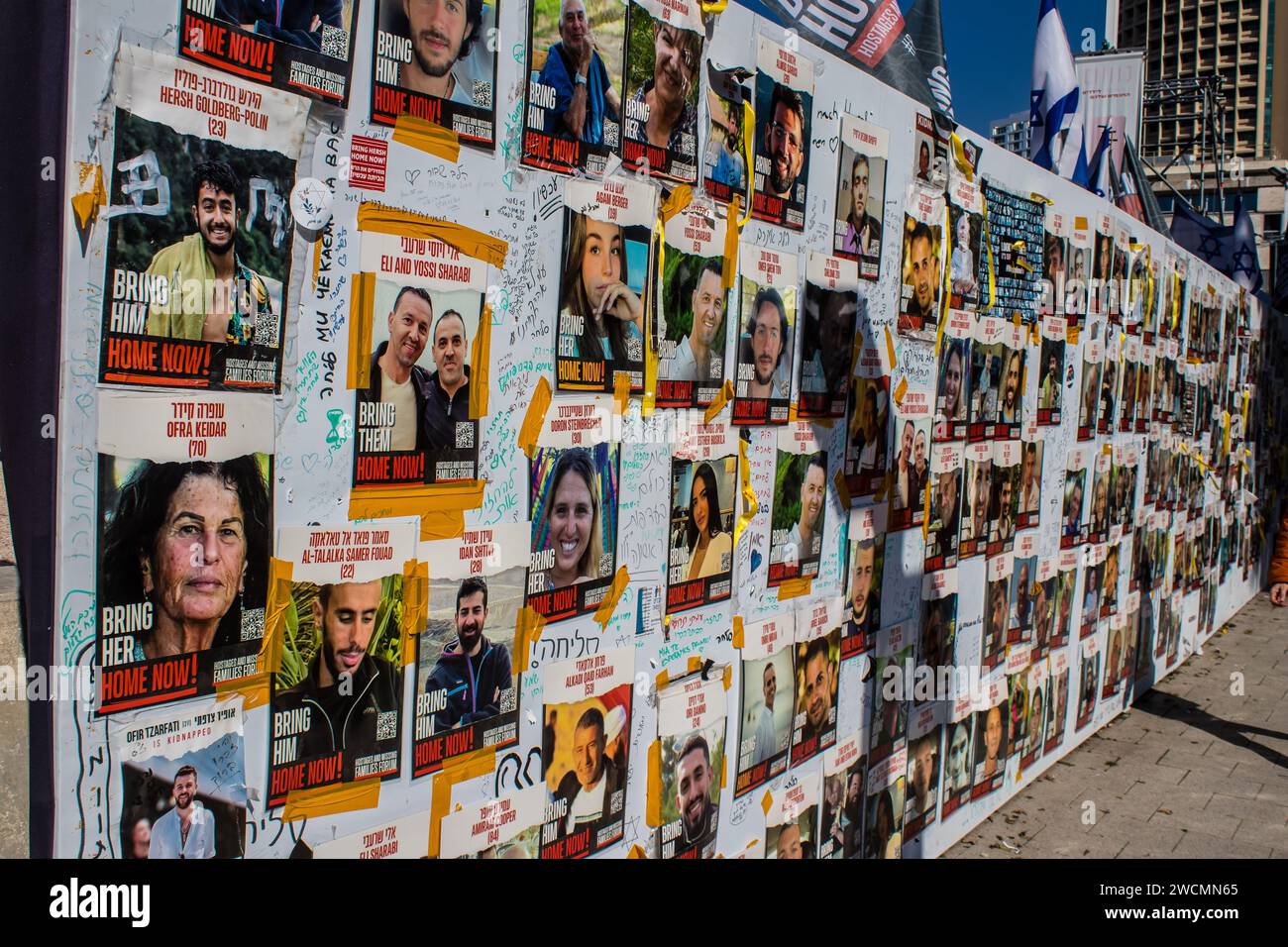 Tel Aviv, Israel - January 16, 2024 Posters of the face of the hostages ...