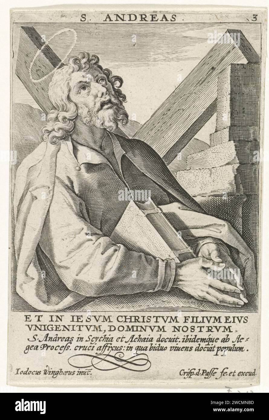 Apostle Andreas, Crispijn van de Passe (I), After Joos van Winghe, 1594 print Buste of the ...