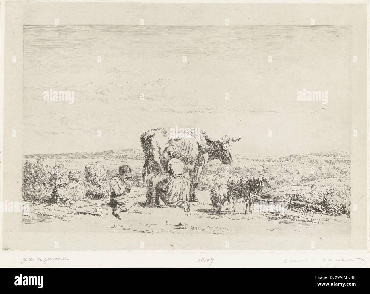 Landscape with wife who milks cow and boy with sheep, Simon van den ...