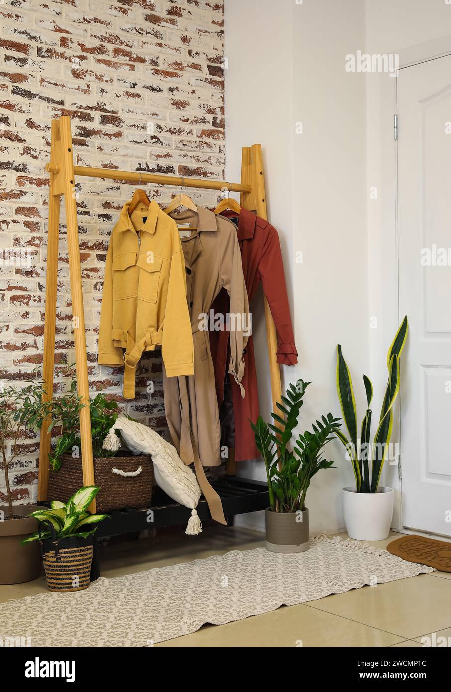 Interior of hall with rack, clothes and houseplants Stock Photo - Alamy