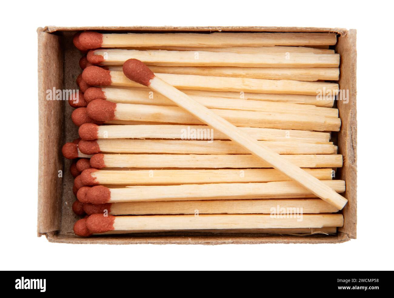 Matches in a box on a white background. View from above. Matches ...
