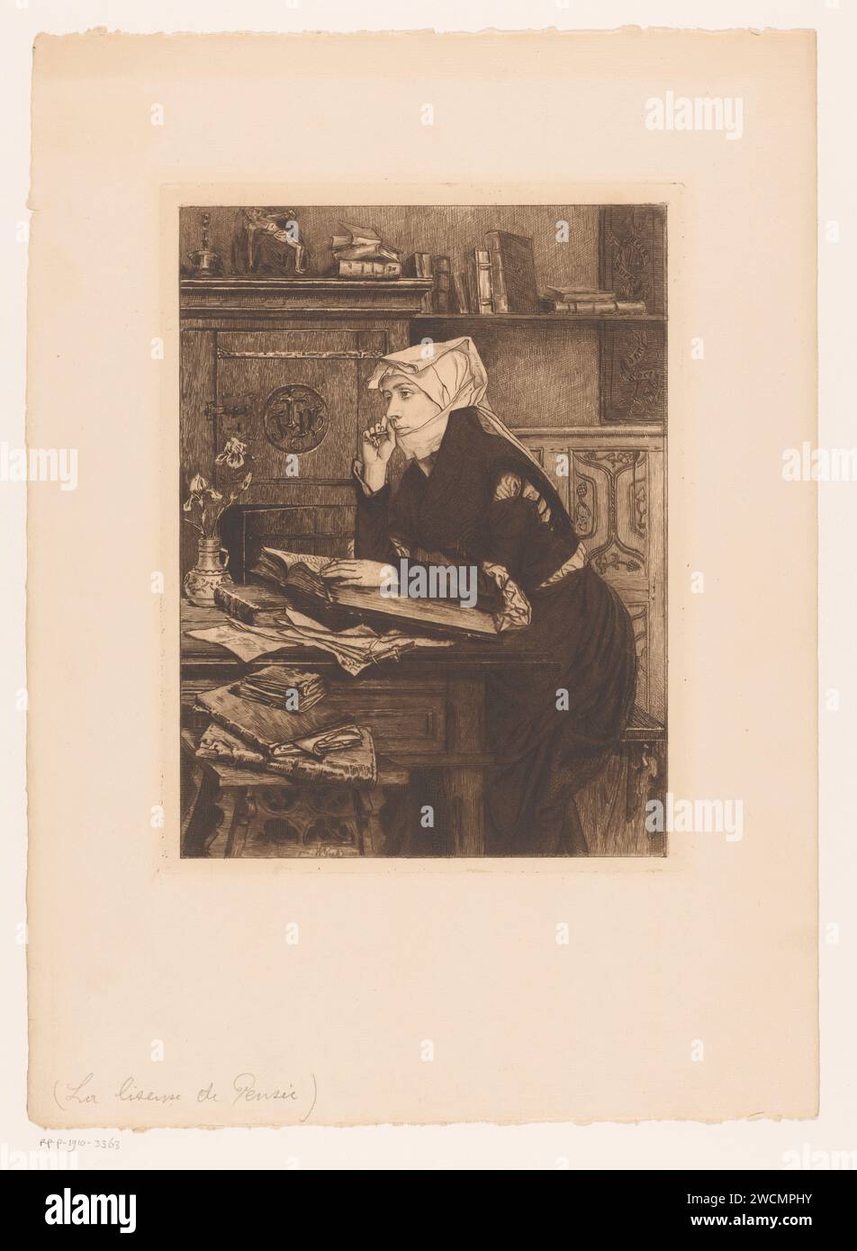Young woman thoughting at a writing table, Willem Geets, 1887 print ...
