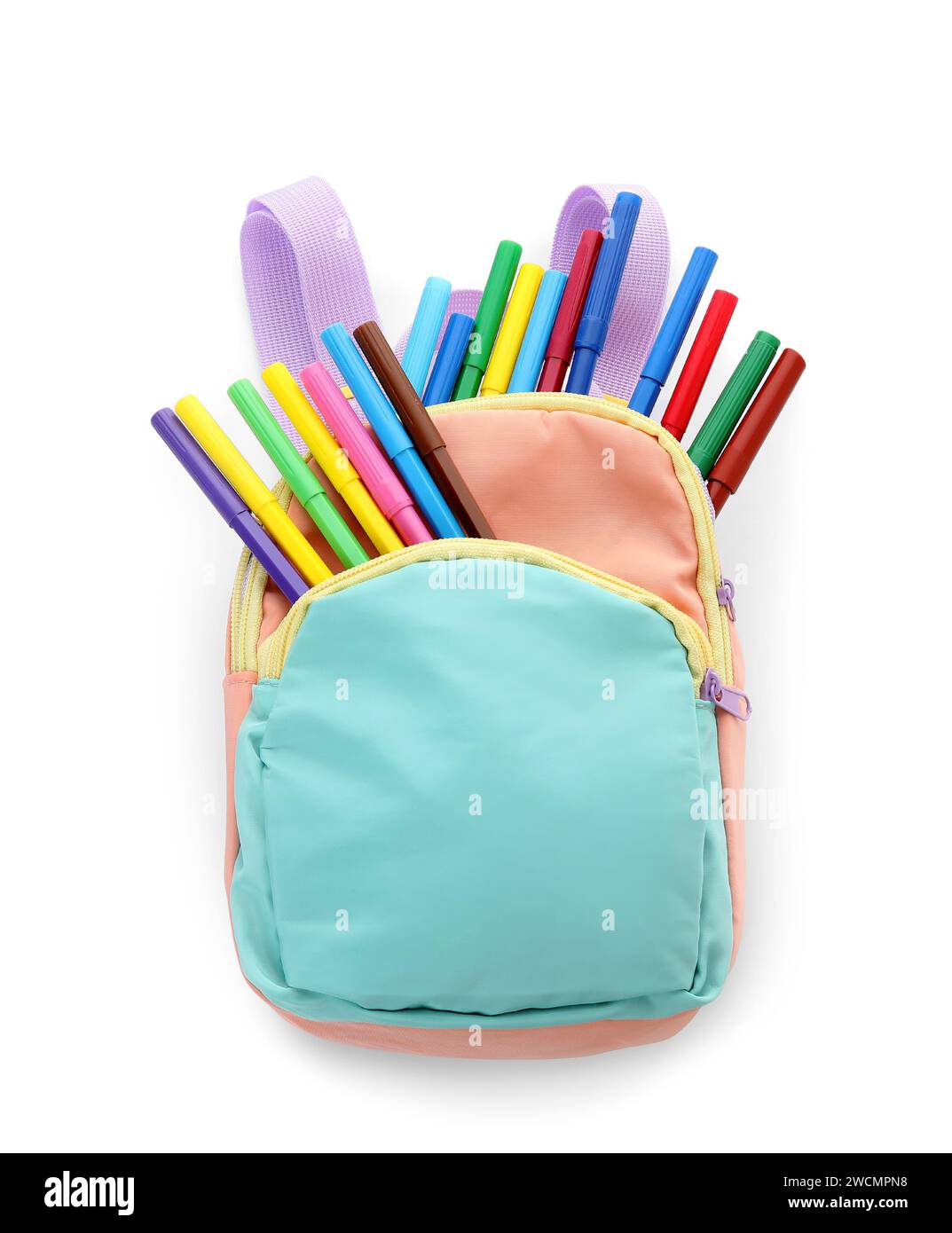 School backpack with different felt-tip pens on white background Stock ...