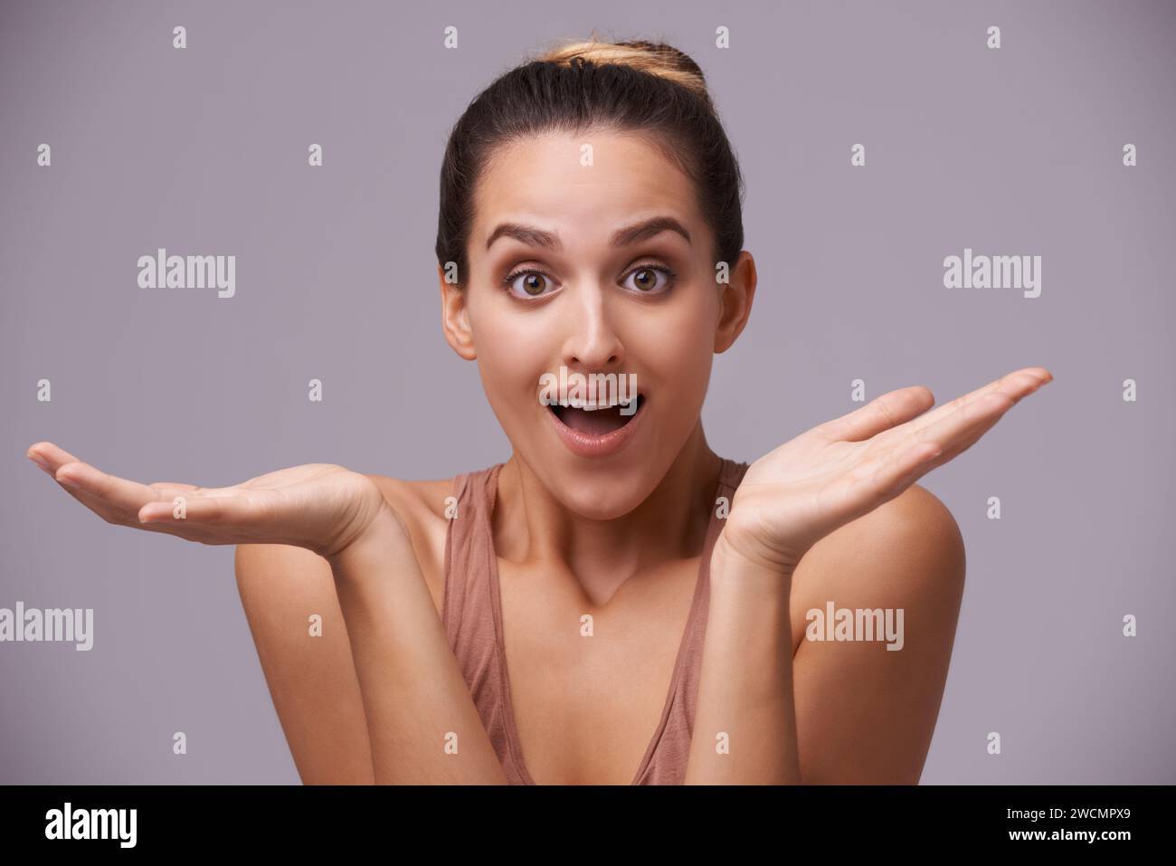Woman Shocked And Portrait For Prize Wow Or Excited With Hands Good