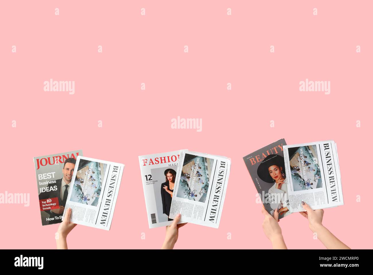 Women with newspapers and magazines on pink background Stock Photo - Alamy