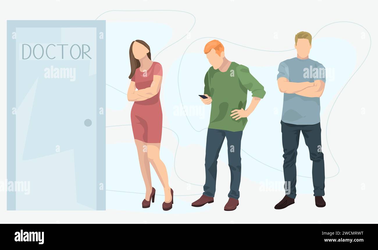Queue illustration. Woman, man, door. Editable vector graphic design ...