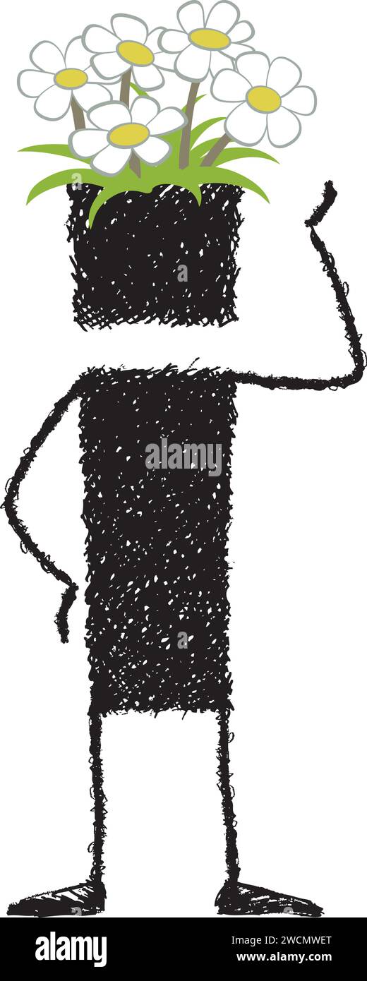 At the head of a stick figure grow flowers. An illustration on ...