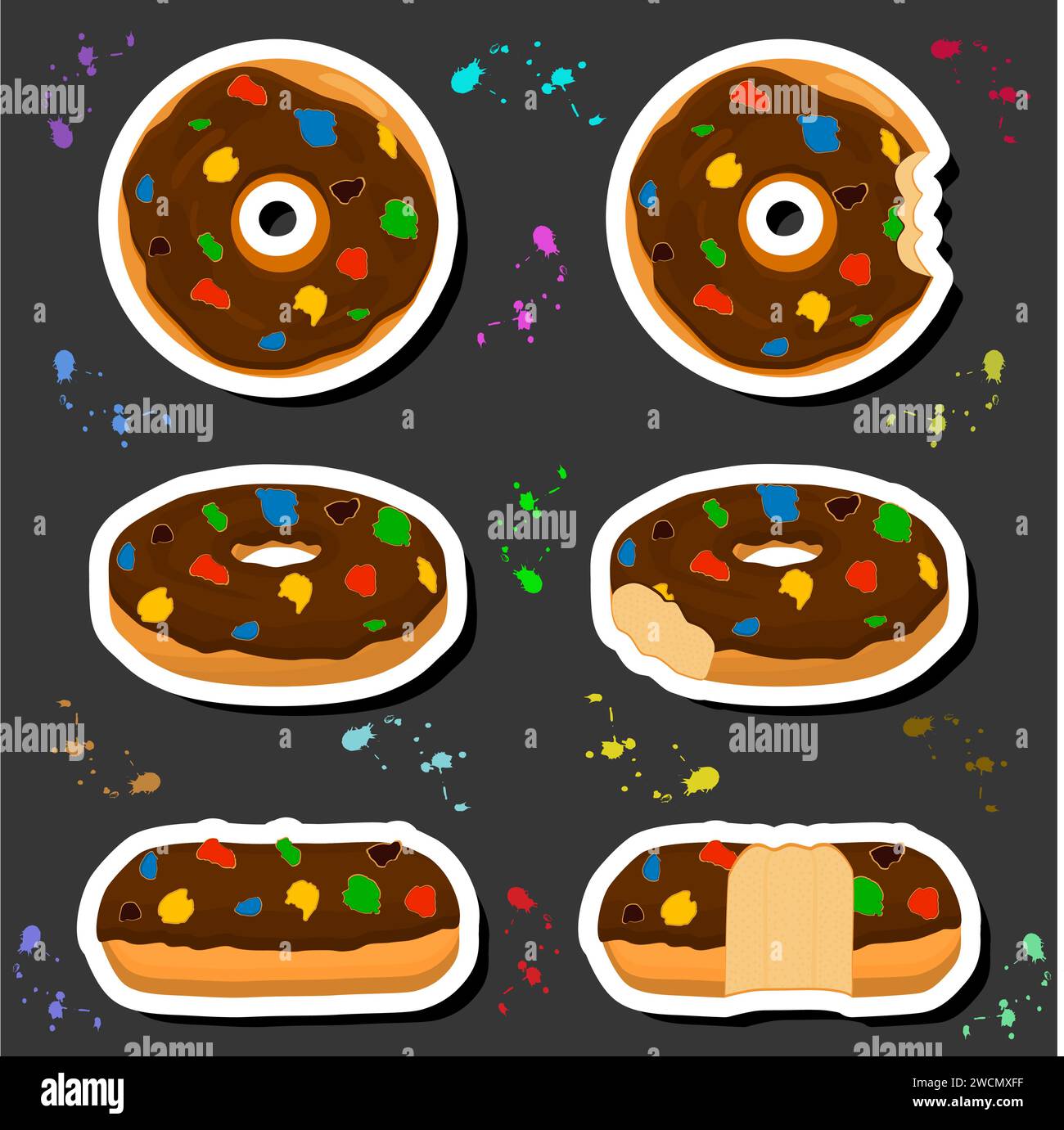 Illustration on theme big set different types sticky donuts, sweet ...