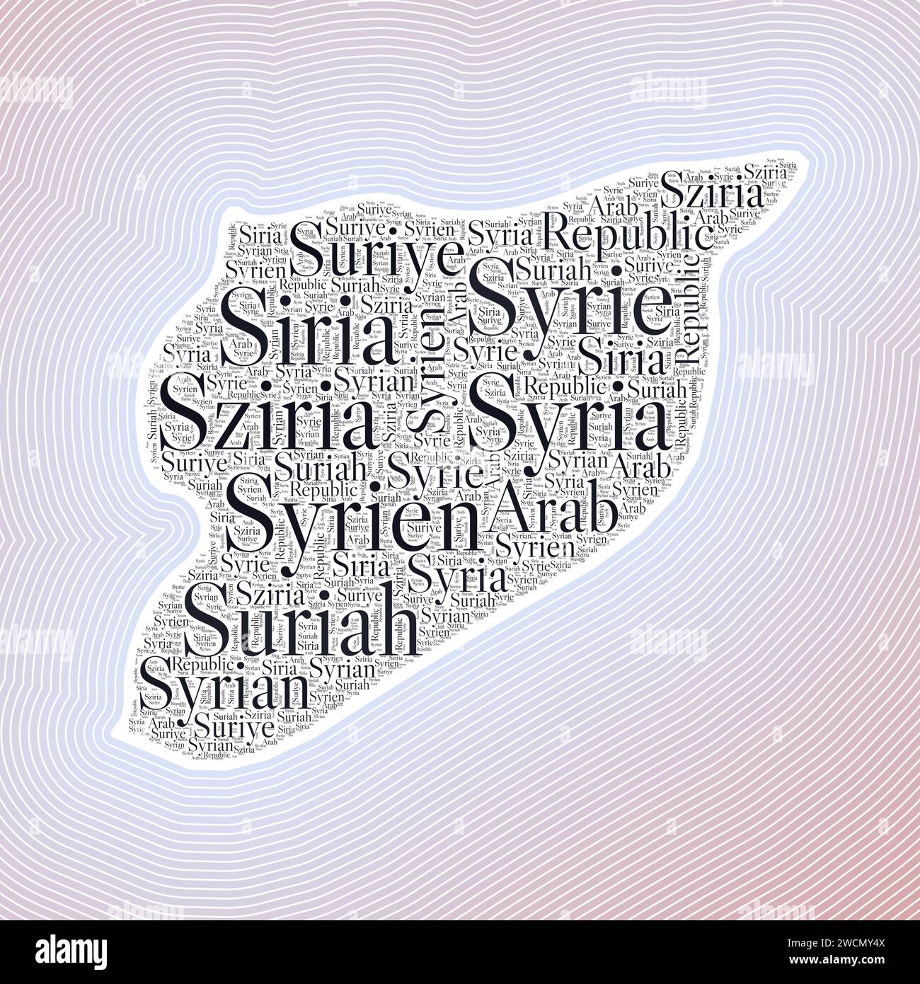 Syria shape formed by country name in multiple languages. Syria border ...