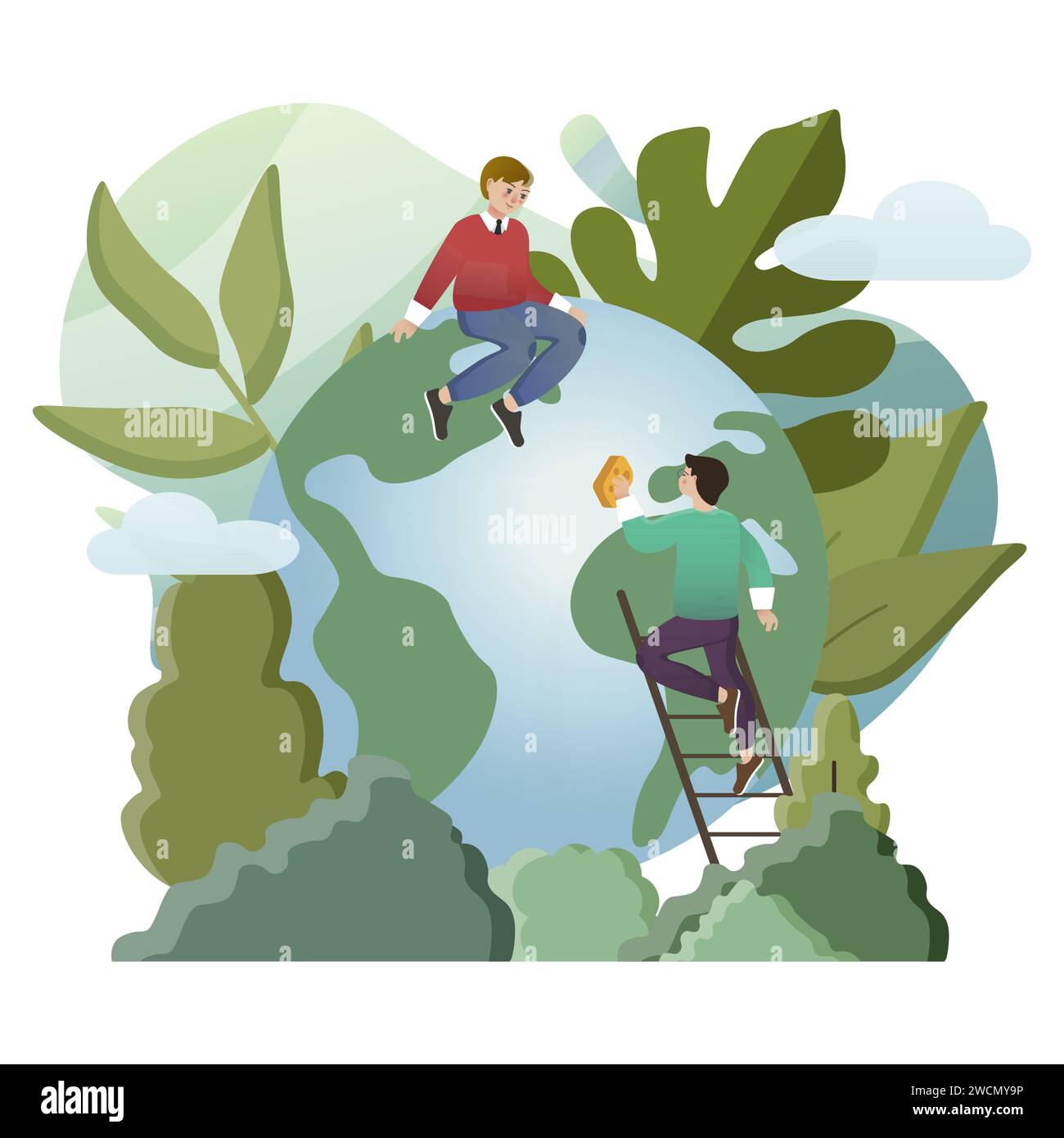Ecosystem illustration. People, earth, plant, stairway. Editable vector ...