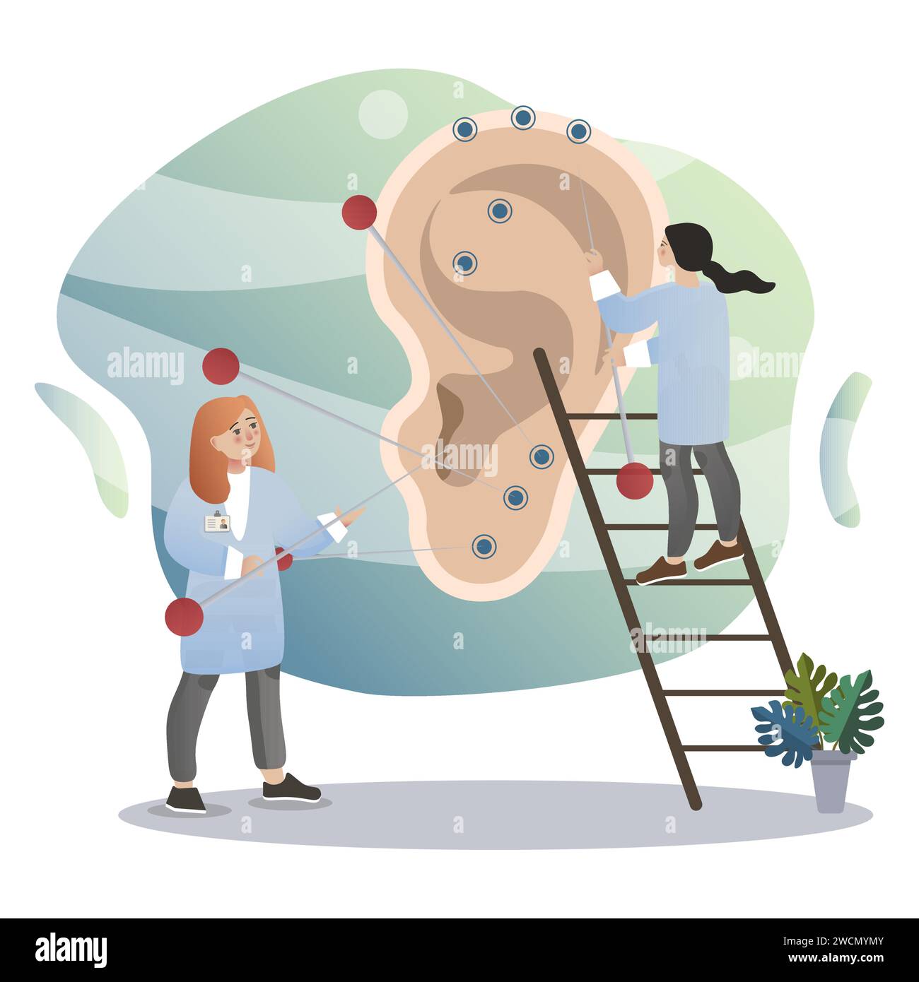 Acupuncture illustration. Women, doctor, ear, needles. Editable vector ...
