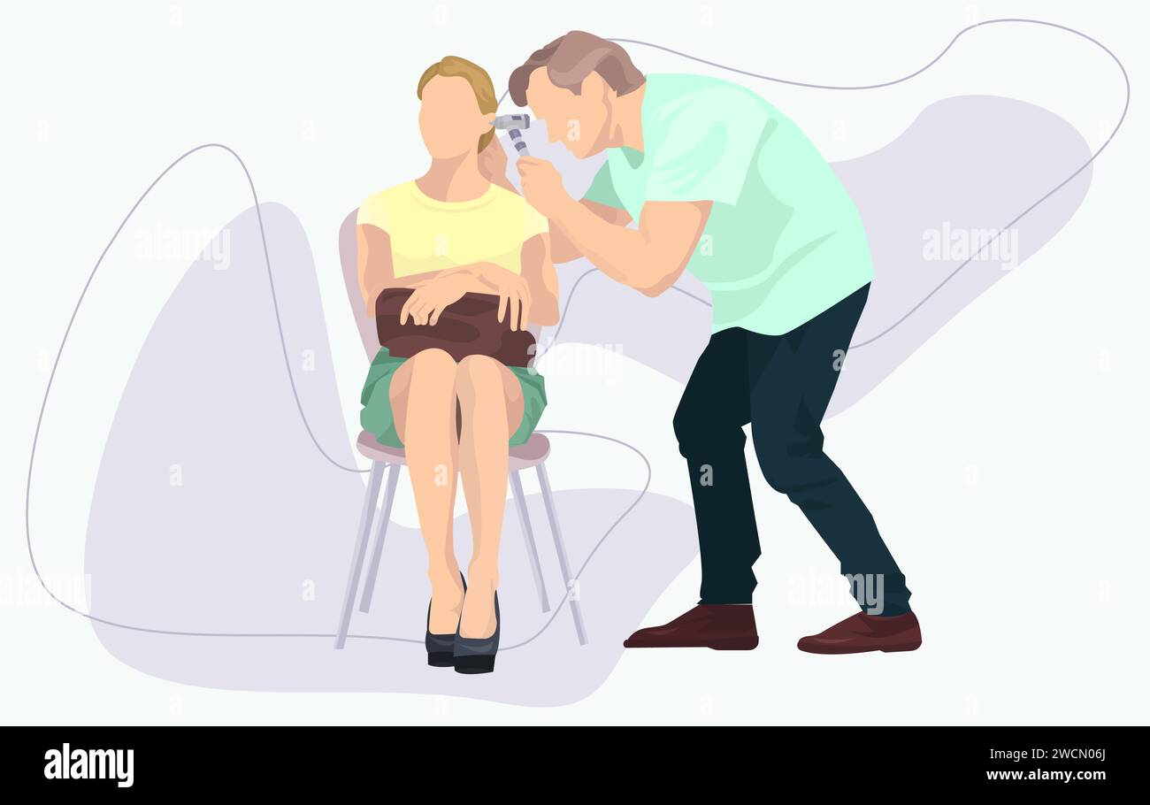 Ear examination illustration. Woman, man, ent, doctor. Editable vector ...