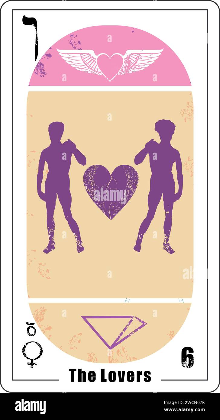 Egyptian tarot card number six, called The Lovers. Silhouette of ...