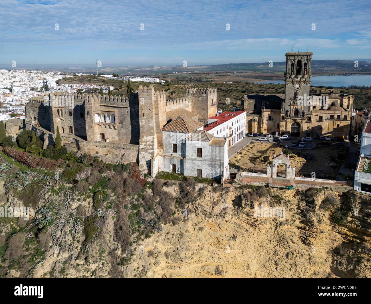 aerial view of the pretty white village of Arcos de la Frontera in the ...