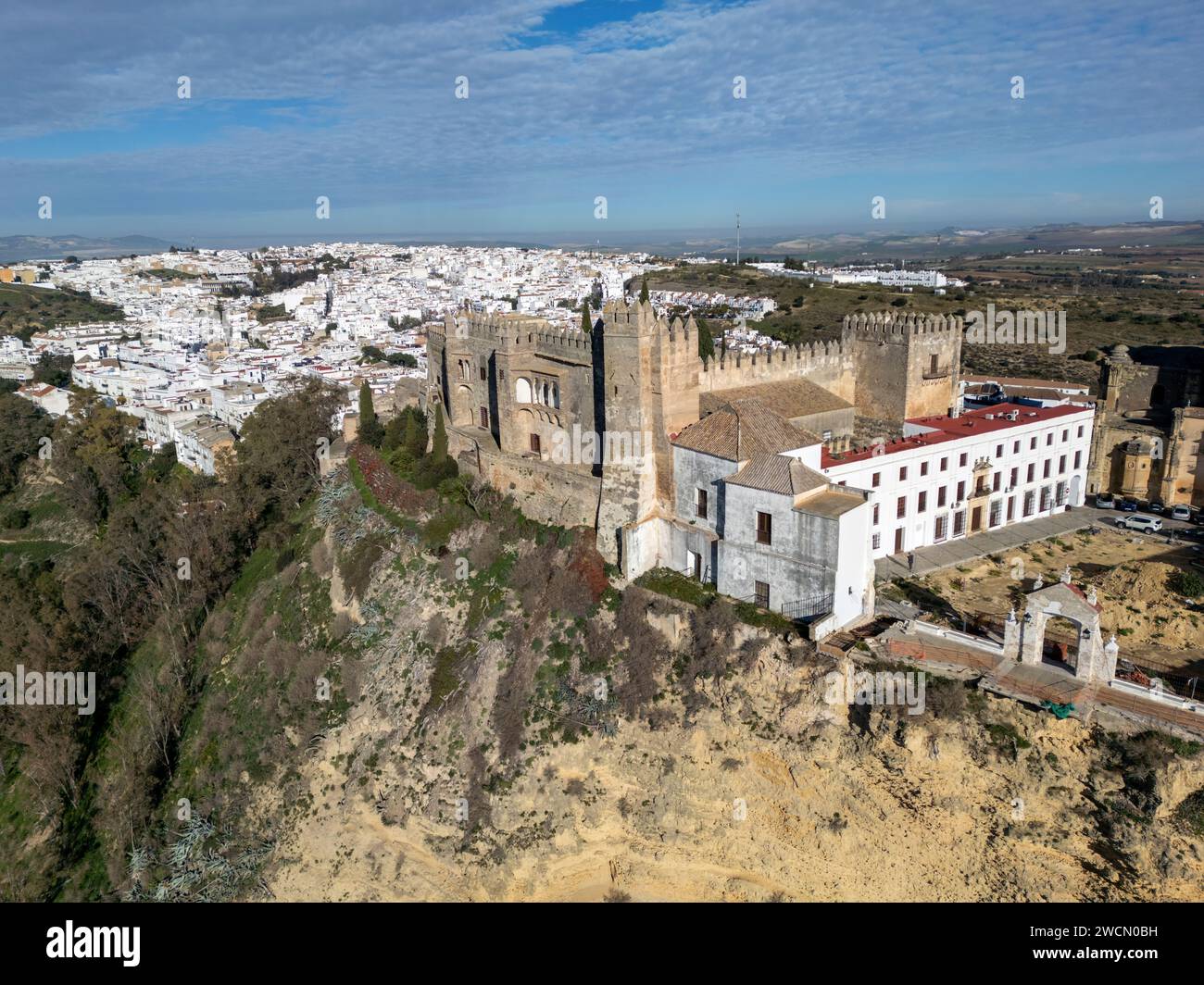 aerial view of the pretty white village of Arcos de la Frontera in the ...