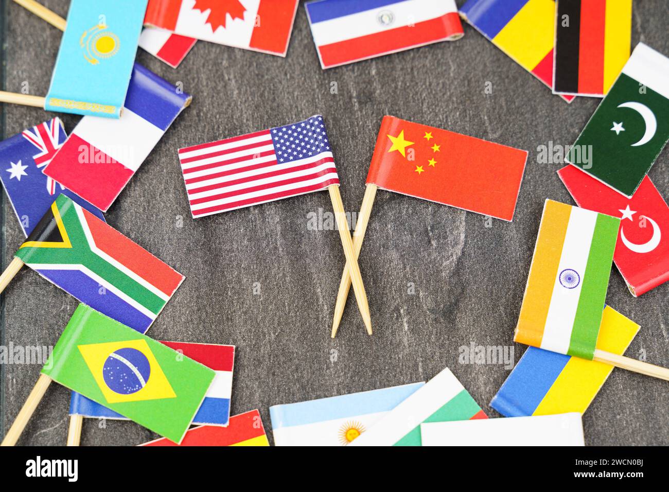 Policy. National flags of different countries. The concept is diplomacy ...