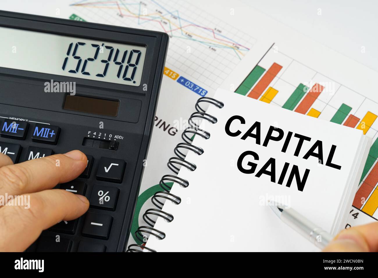 Business concept. On the table there is a calculator, reports with ...