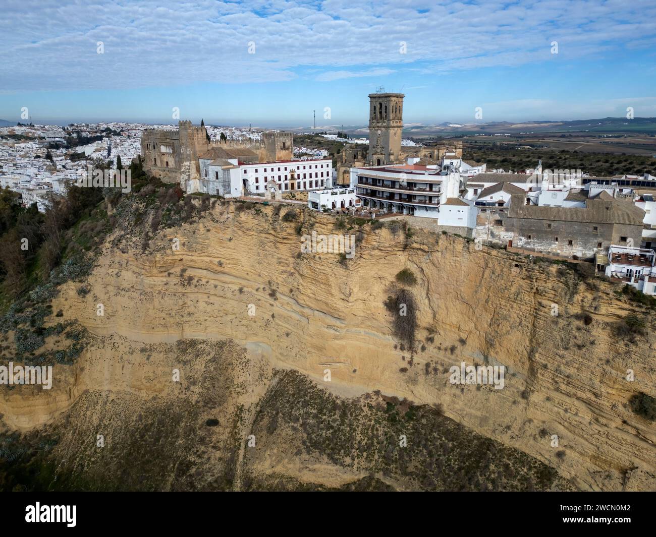 aerial view of the pretty white village of Arcos de la Frontera in the ...