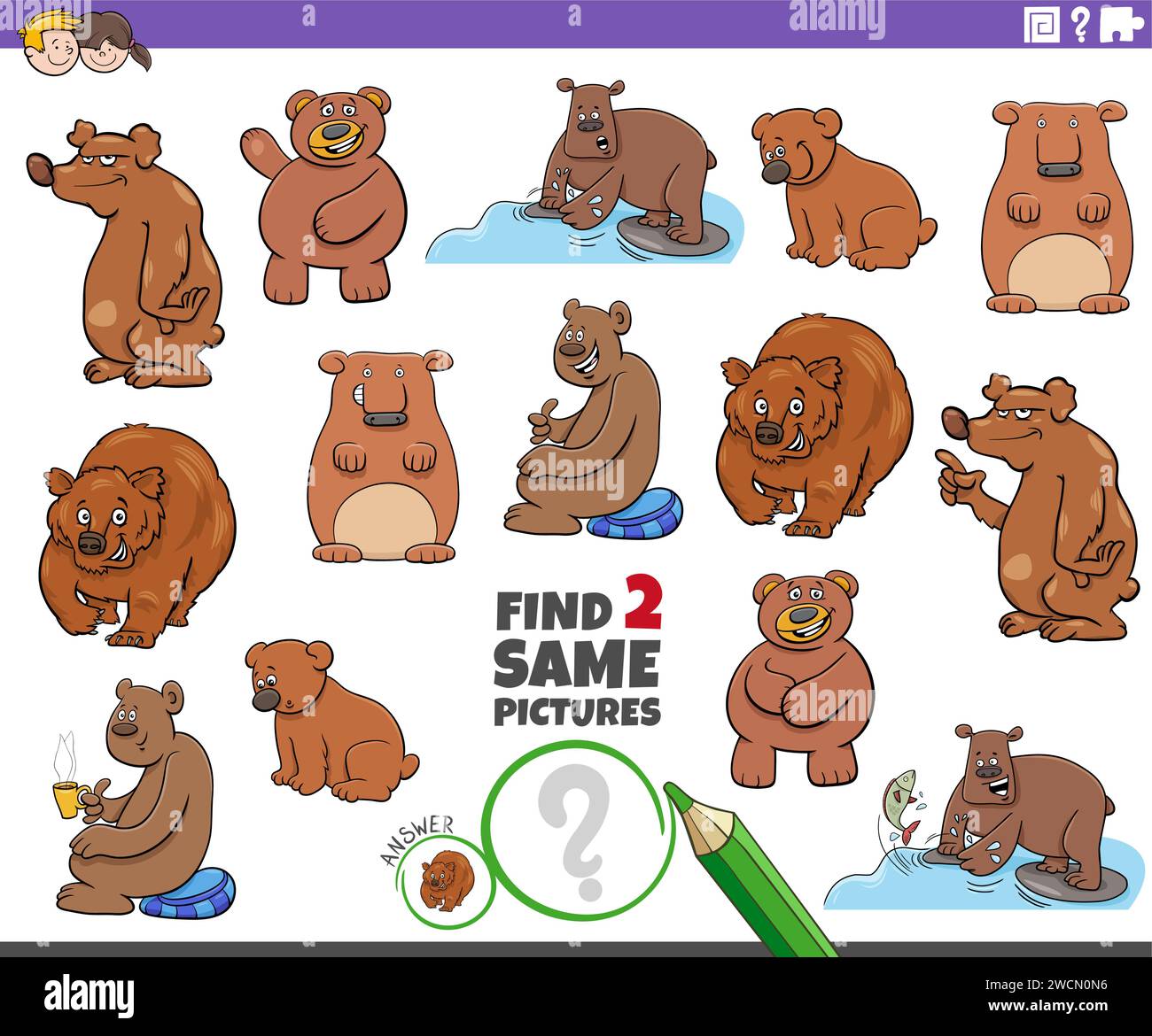 Cartoon illustration of finding two same pictures educational activity ...