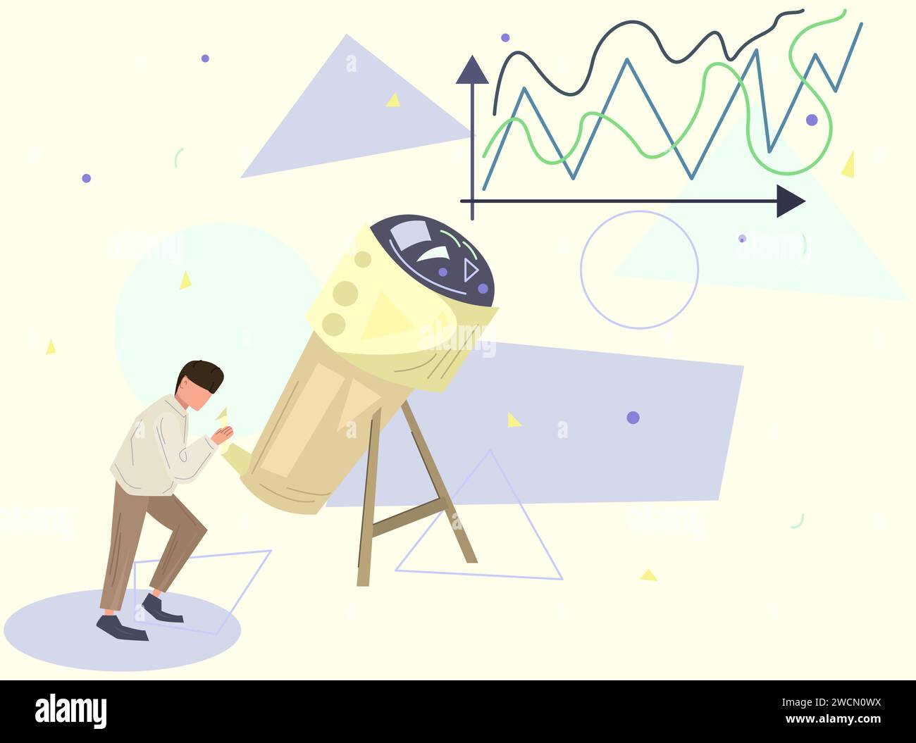 Forecast illustration. Man, arrow, chart, telescope. Editable vector ...