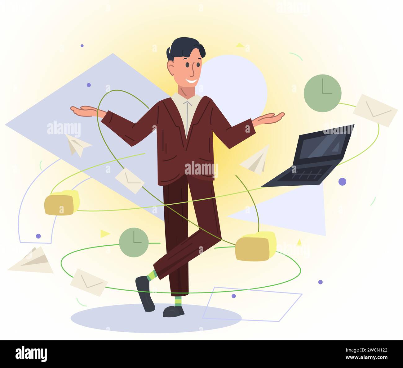 Multitasking illustration. Man, clock, laptop, envelope. Editable ...