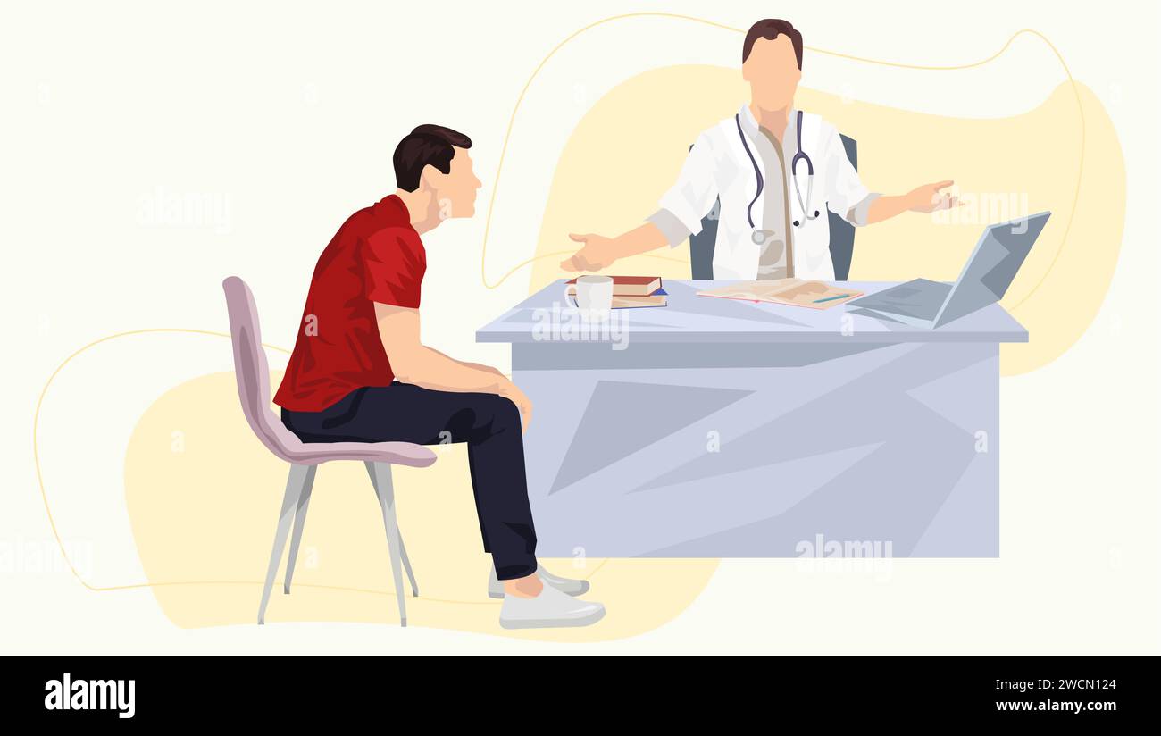 Consultation illustration. Man, doctor, stethoscope, table. Editable ...