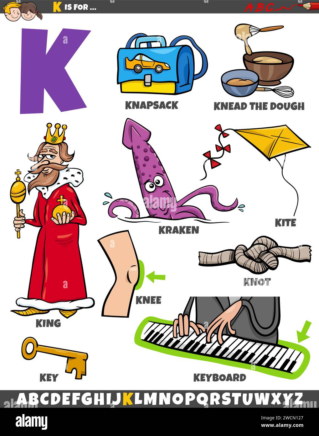 Cartoon illustration of objects and characters set for letter K Stock ...