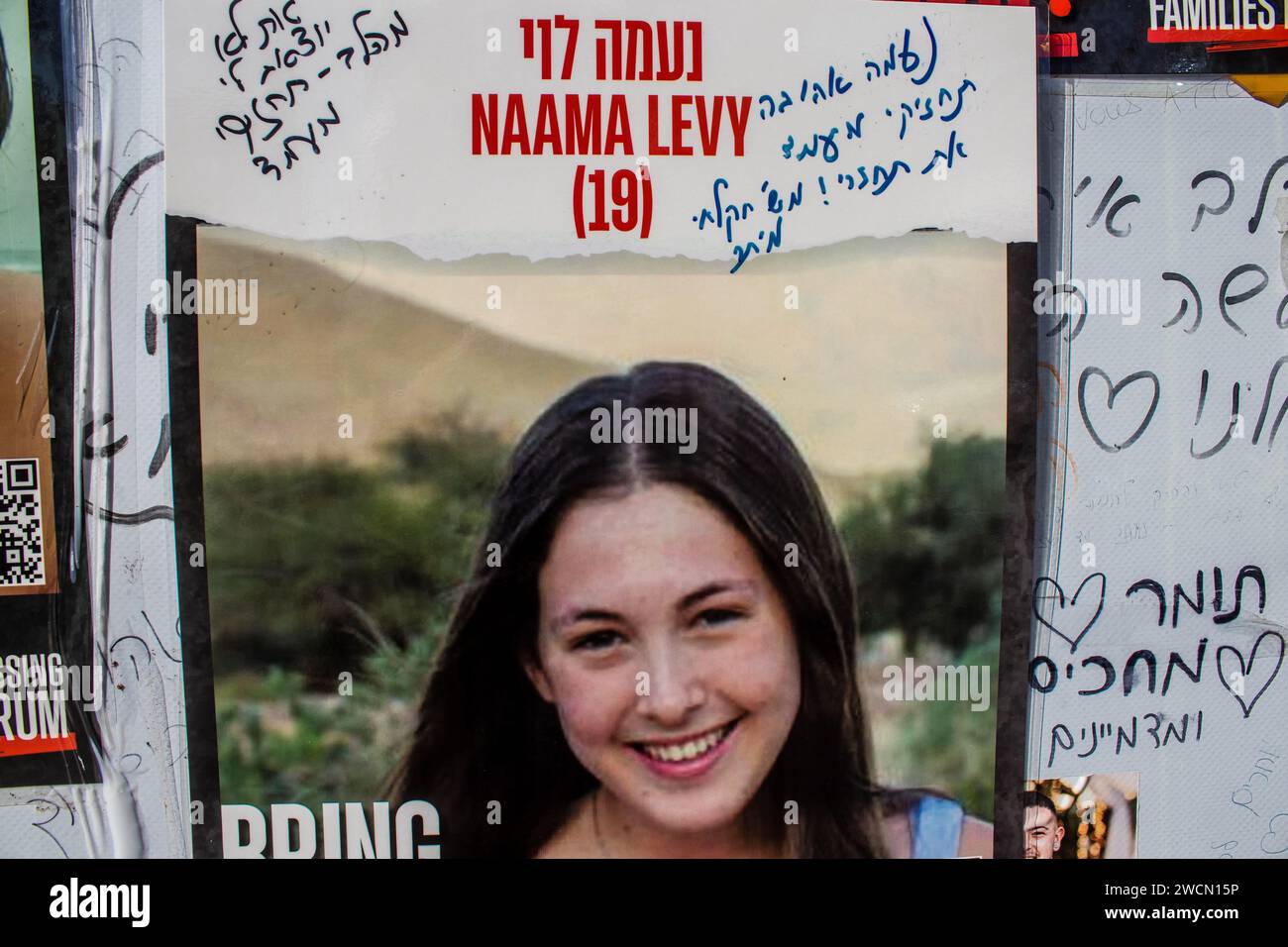 Tel Aviv, Israel - January 16, 2024 Posters of the face of the hostages ...