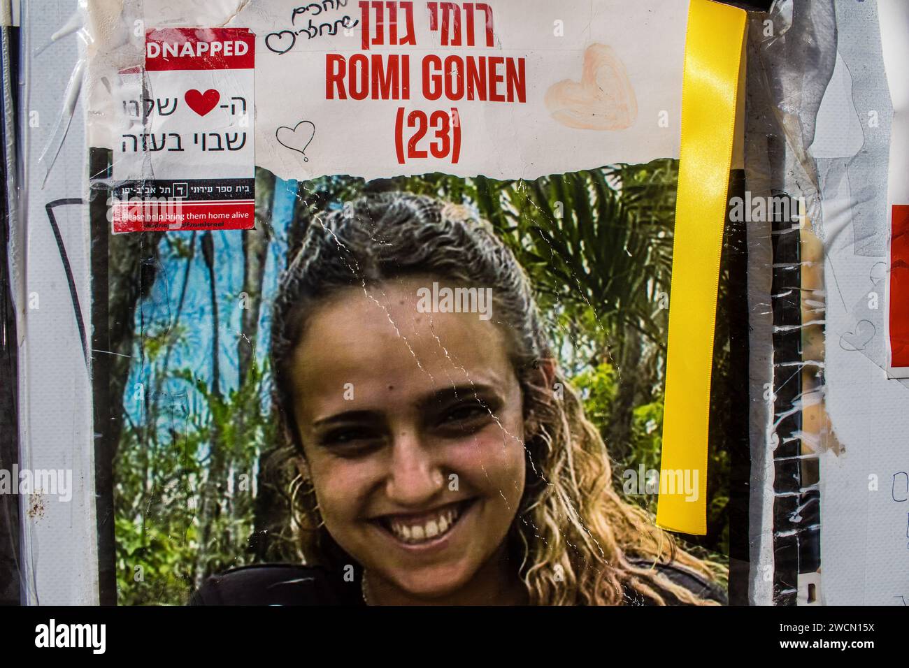 Tel Aviv, Israel - January 16, 2024 Posters of the face of the hostages ...