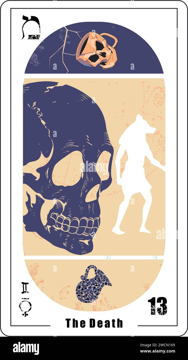 Egyptian tarot card number thirteen called Death. Blue skull and ...