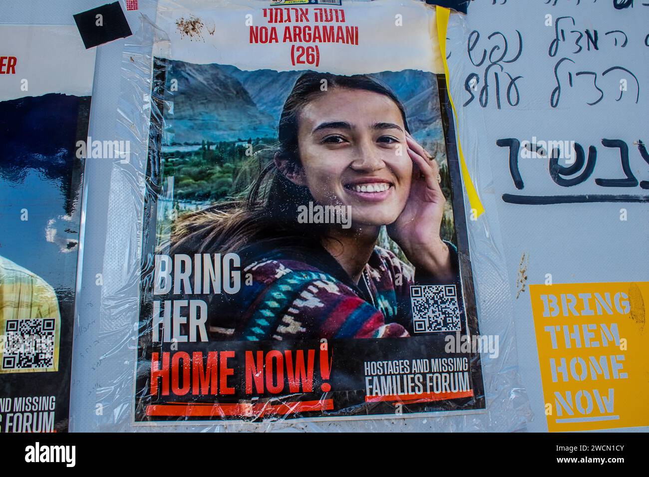 Tel Aviv, Israel - January 16, 2024 Posters of the face of the hostages ...