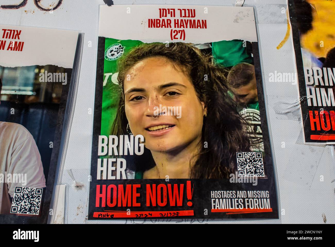 Tel Aviv, Israel - January 16, 2024 Posters of the face of the hostages ...