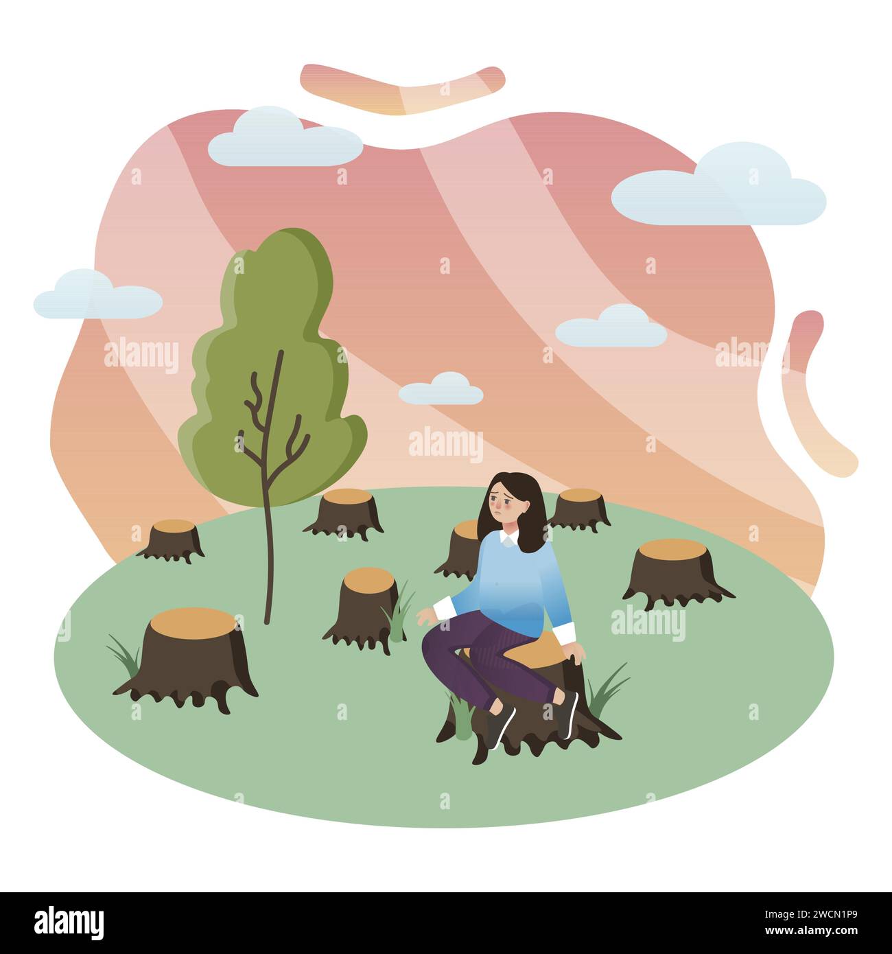 Deforestation illustration. Woman, tree, stump, cloud. Editable vector ...