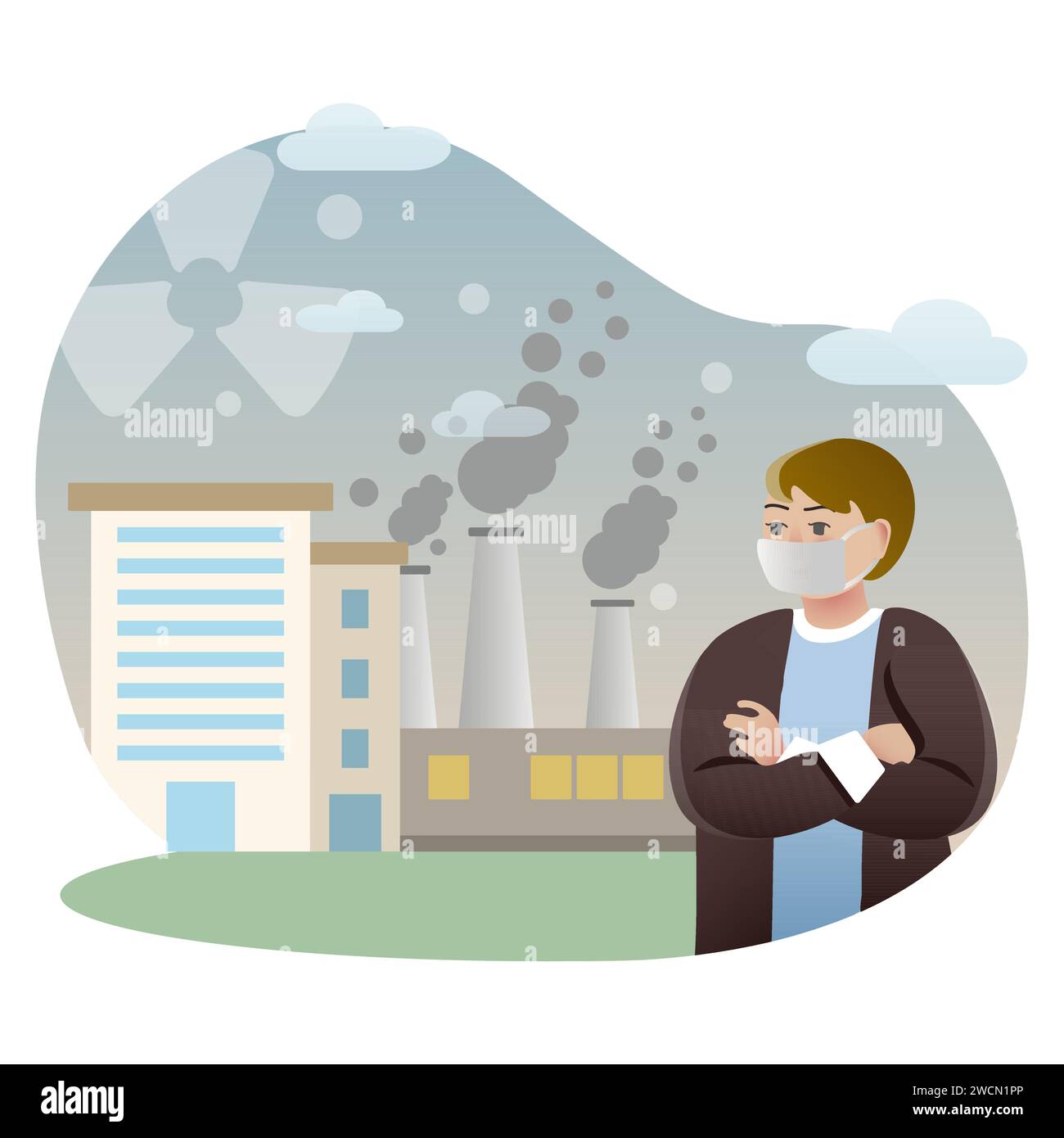 Air pollution illustration. Person, mask, factory, building. Editable ...