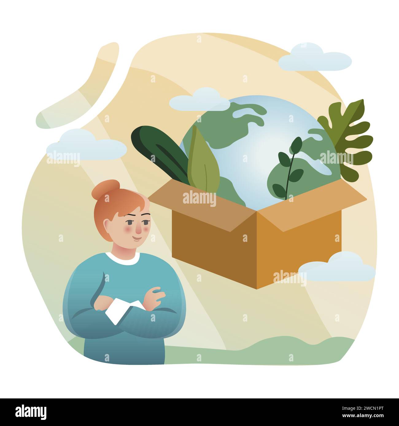 Green thinking illustration. Woman, earth, box, plants. Editable vector ...
