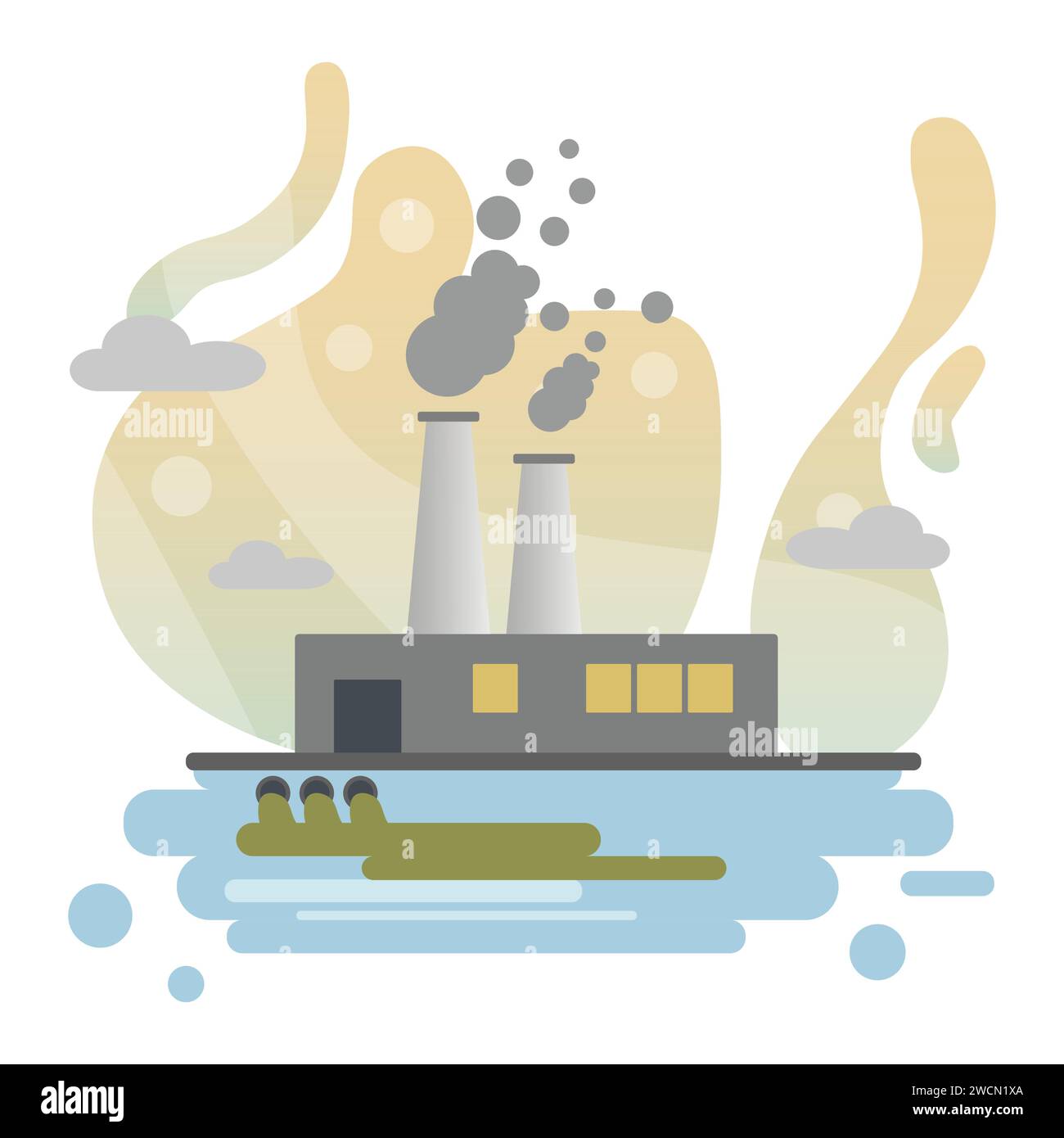 Water pollution illustration. Factory, water, waste, smoke. Editable ...
