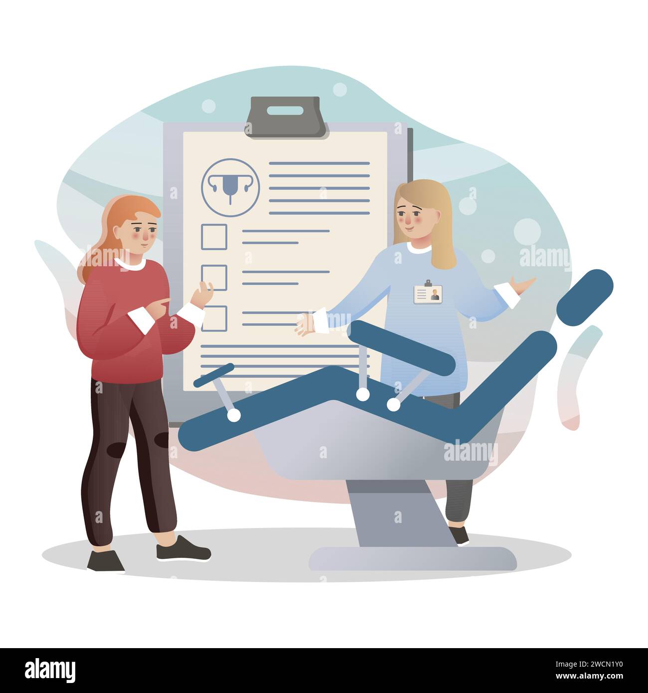 Inspection of the gynecologist illustration. Women, doctor, chair, document. Editable vector ...