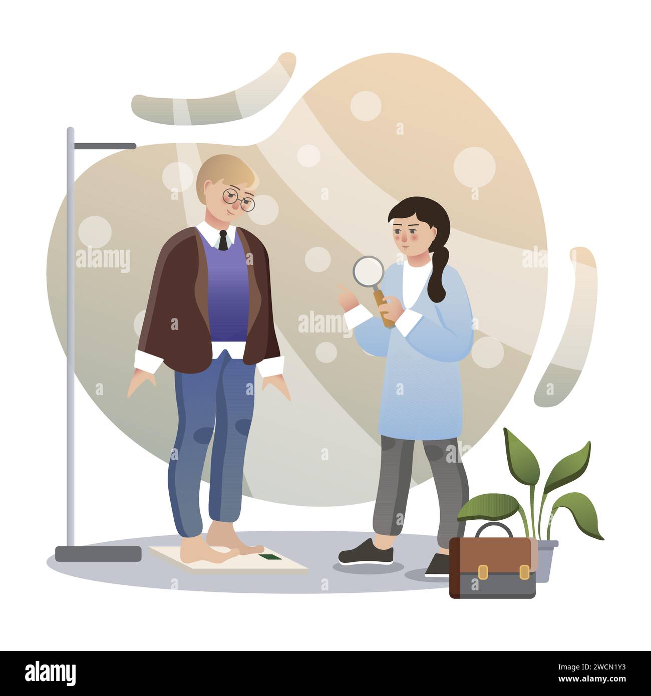 Therapist examination (growth, weight) illustration. Man, doctor ...